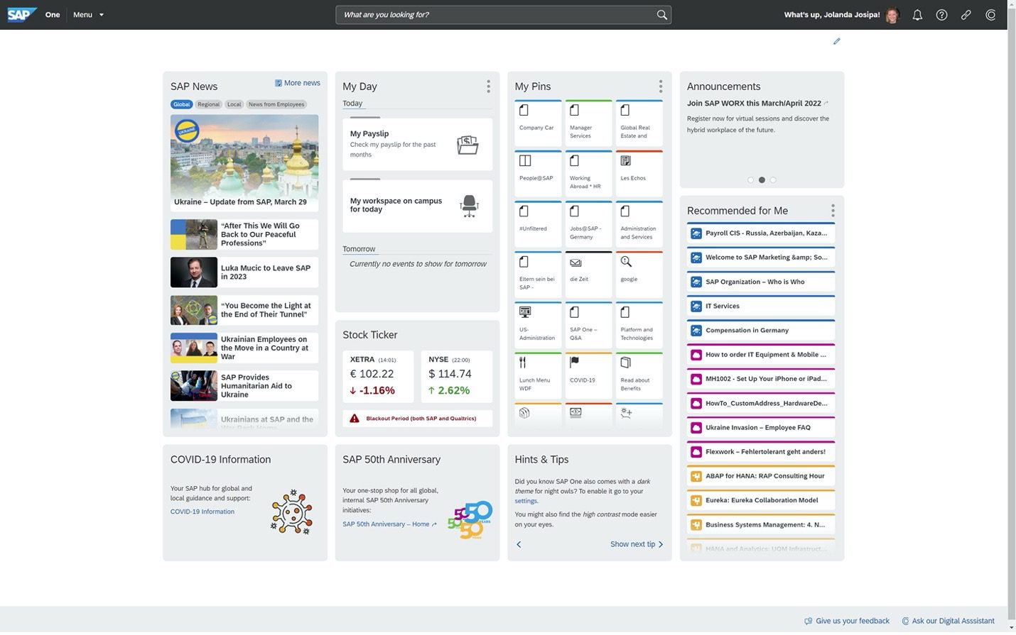 Winner of Modern Intranet of the Year 2022 – SAP - Digital Workplace Group